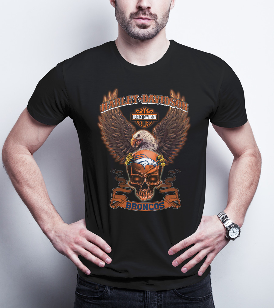 Harley Davidson Motor Cycles Eagle Skull Denver Broncos T-Shirt