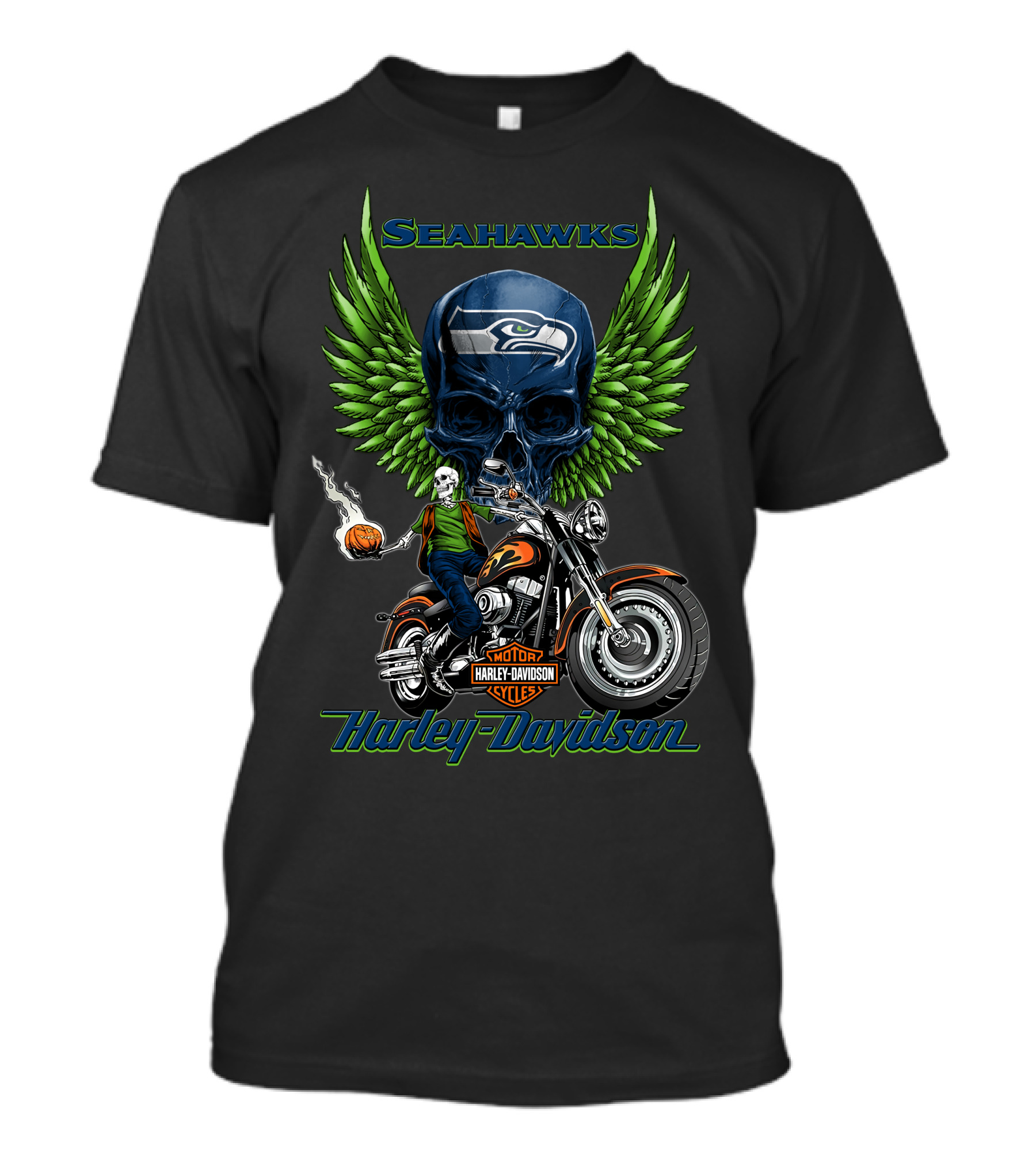 Seahawks Harley Davidson Motorcycles Green Wings Skull Rider Nfl Seattle T-Shirt