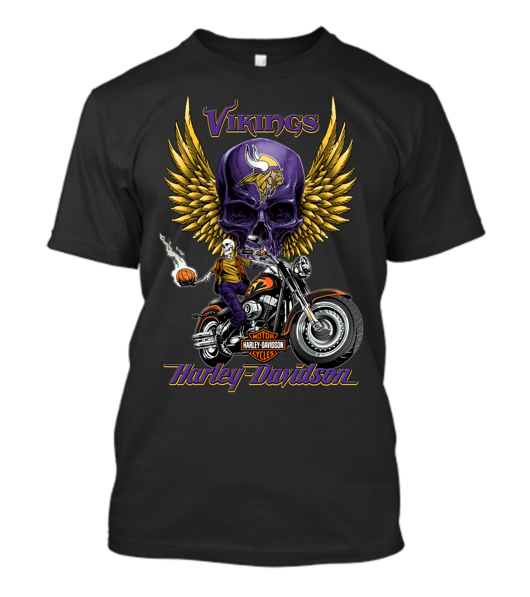 Vikings Harley Davidson Motorcycle Skull And Wings Nfl Minnesota T-Shirt
