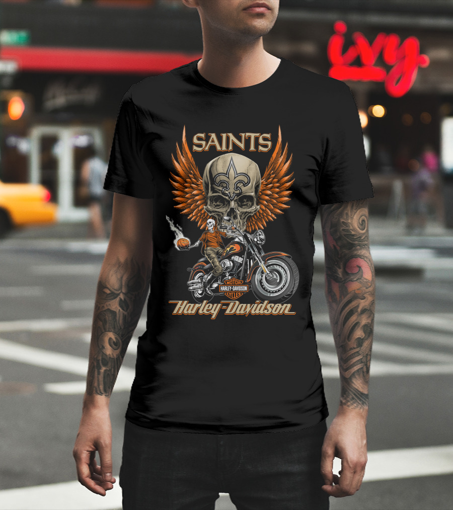 Saints Harley Davidson Motorcycles Nfl New Orleans Skull Wings T-Shirt