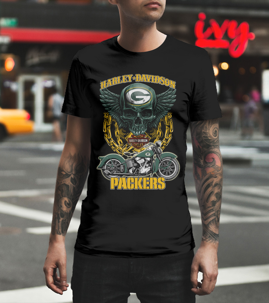 Harley Davidson Green Bay Packers Motorcycle Skull Nfl Packers T-Shirt
