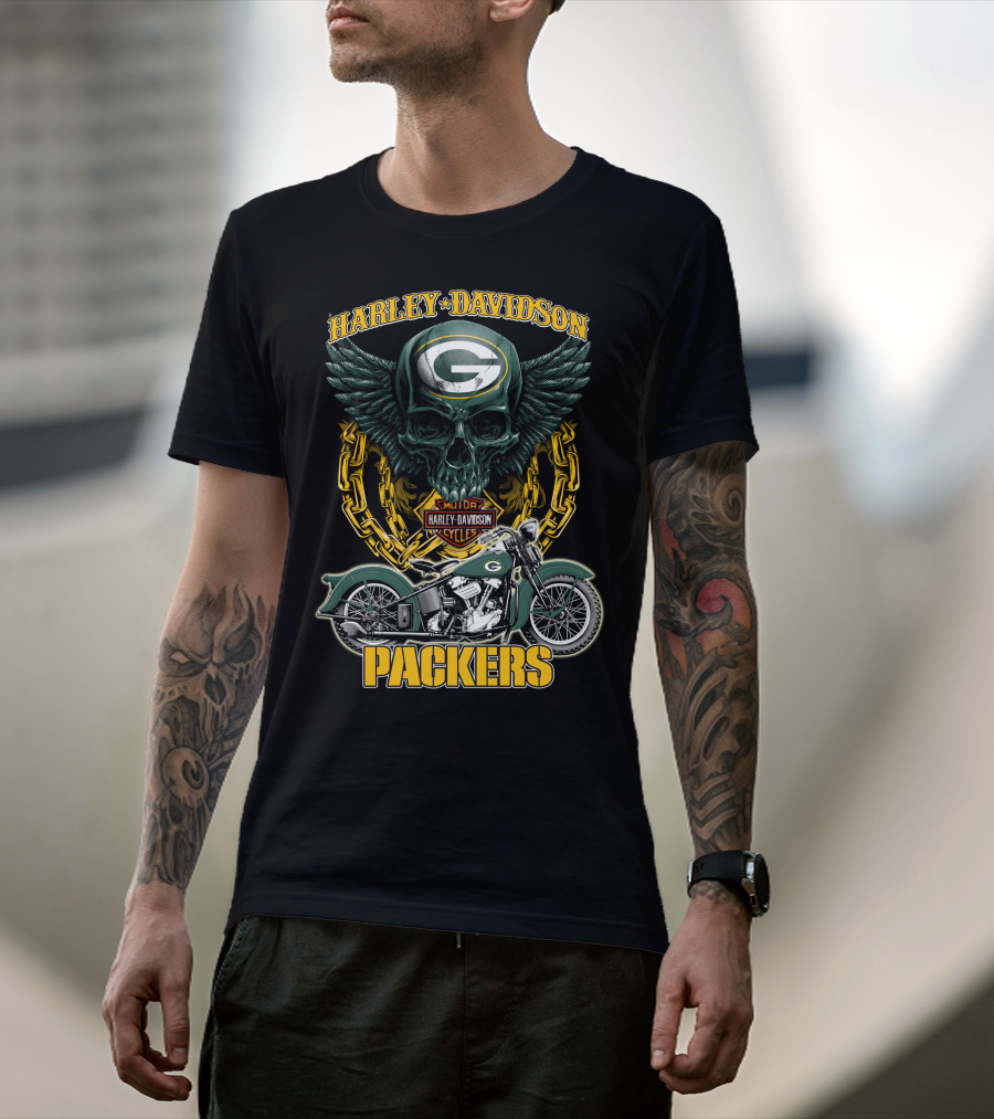 Harley Davidson Green Bay Packers Motorcycle Skull Nfl Packers T-Shirt