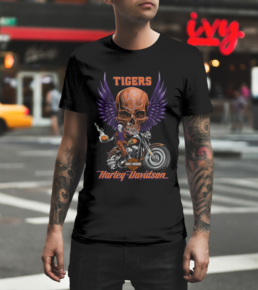 Tigers Harley Davidson Purple Wings Skull Motorcycle Basketball T-Shirt