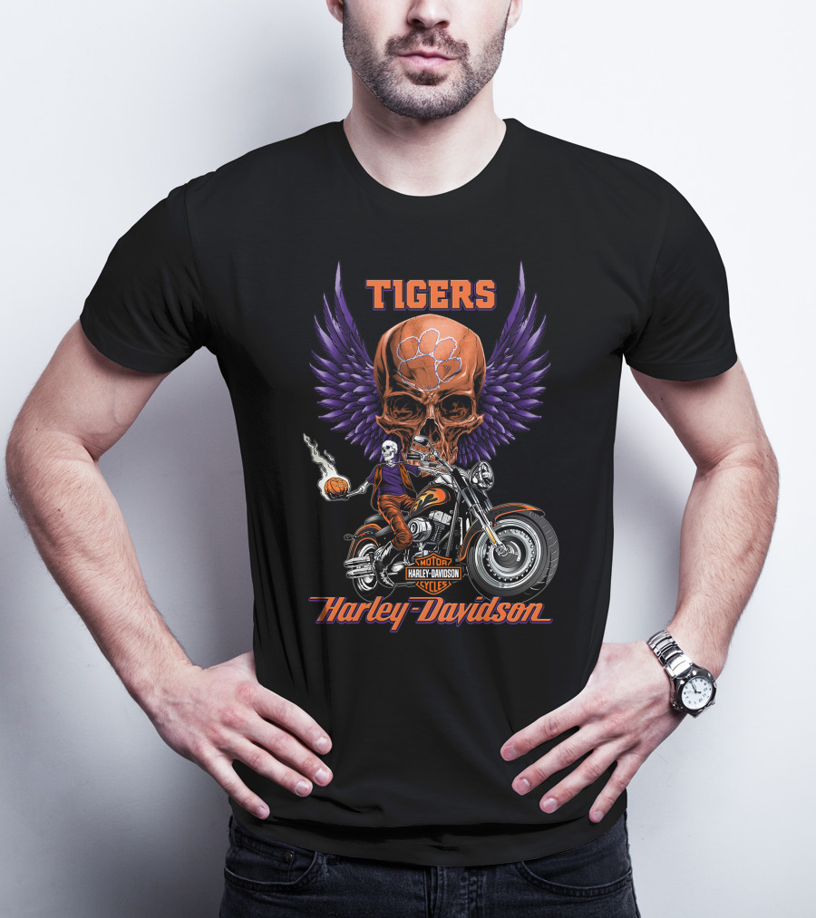 Tigers Harley Davidson Purple Wings Skull Motorcycle Basketball T-Shirt