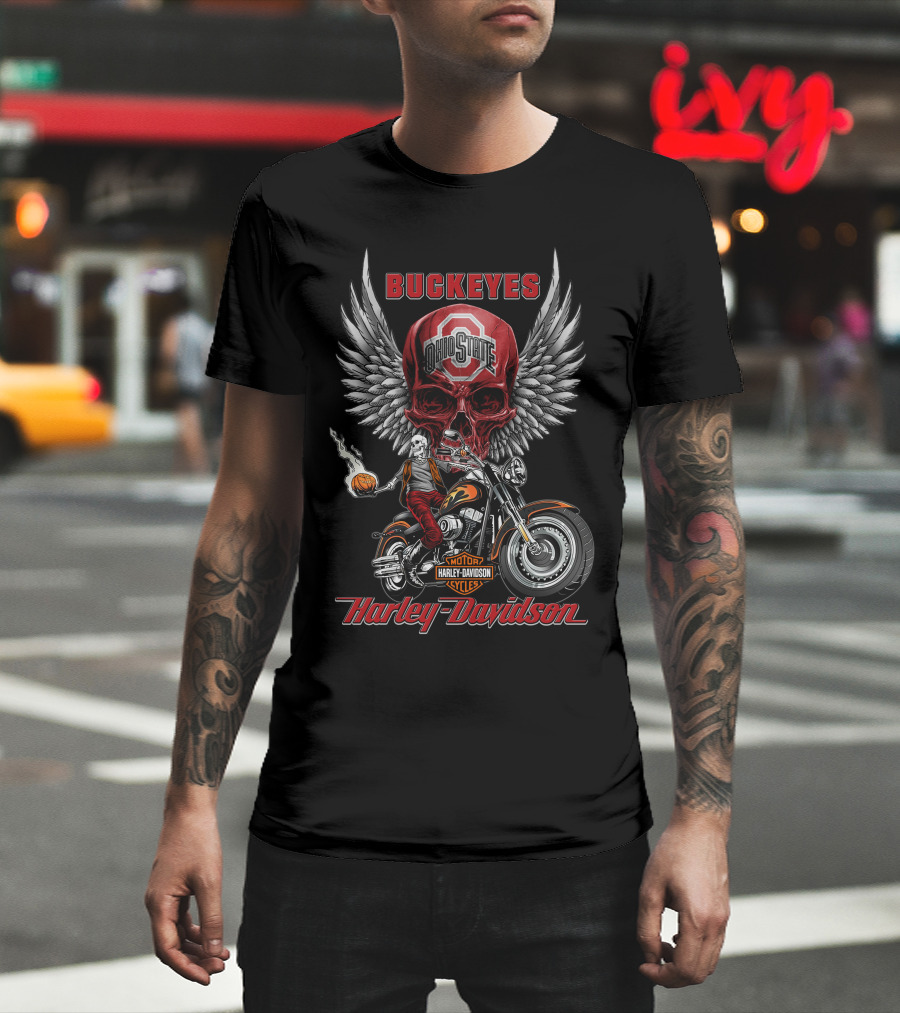 Buckeyes Ohio State Skull Harley Davidson Motor Cycles Wings Basketball T-Shirt