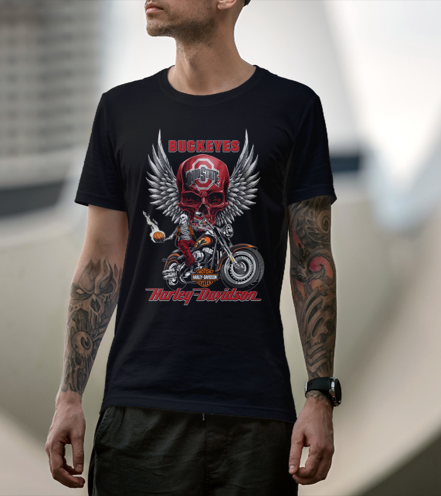 Buckeyes Ohio State Skull Harley Davidson Motor Cycles Wings Basketball T-Shirt