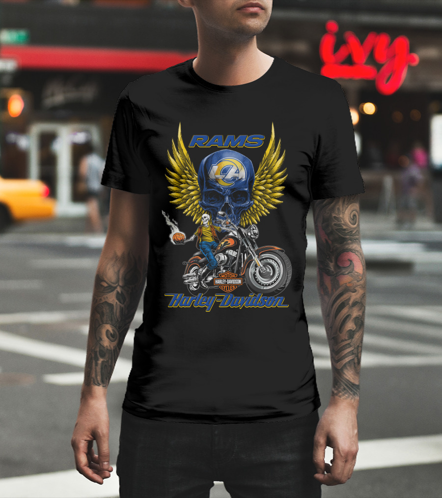 Harley Davidson Rams Skull With Los Angeles Nfl Motorcycle And Flaming Ball T-Shirt