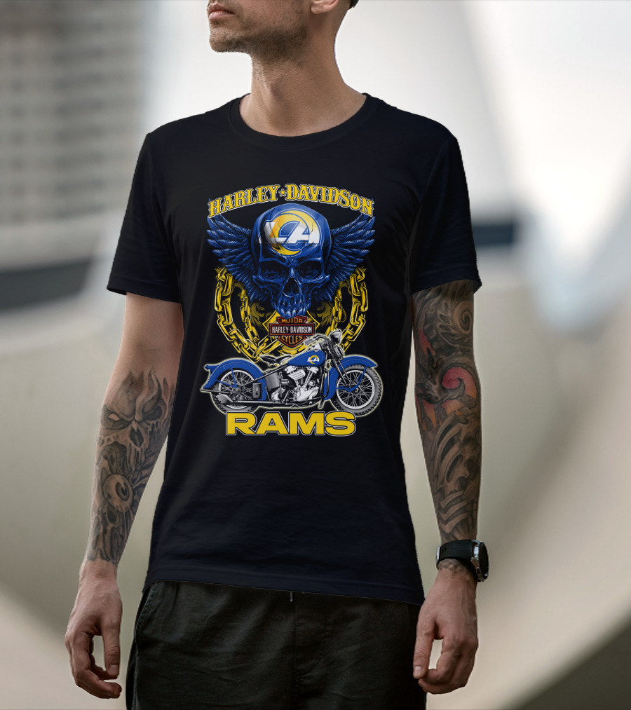 Harley Davidson Los Angeles Rams Nfl Motorcycle Skull T-Shirt