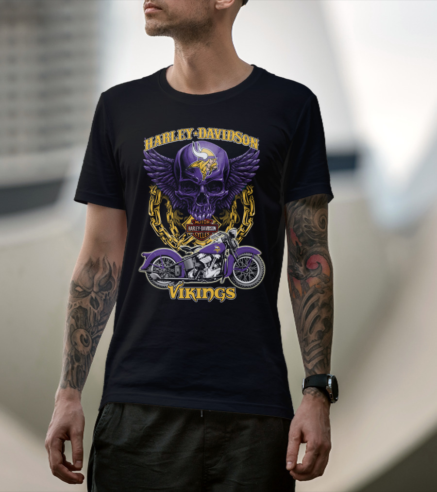 Harley Davidson Minnesota Vikings Nfl Motorcycle Cycles Skull T-Shirt