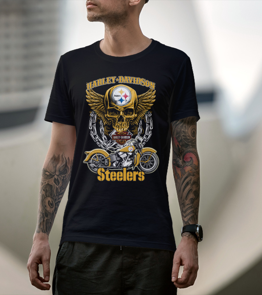 Pittsburgh Steelers Harley Davidson Winged Skull Motorcycle Nfl Hd18 T-Shirt