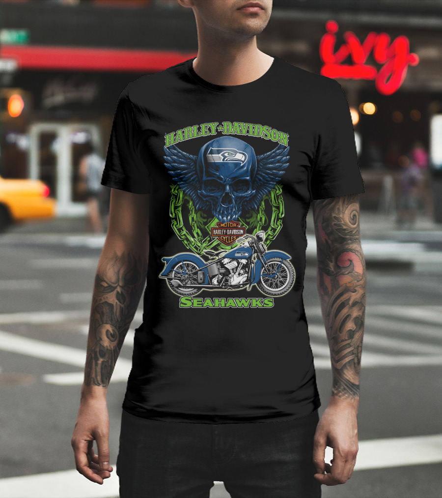 Harley Davidson Motorcycles Skull With Seattle Seahawks Logo And Bike Nfl Hd18 T-Shirt