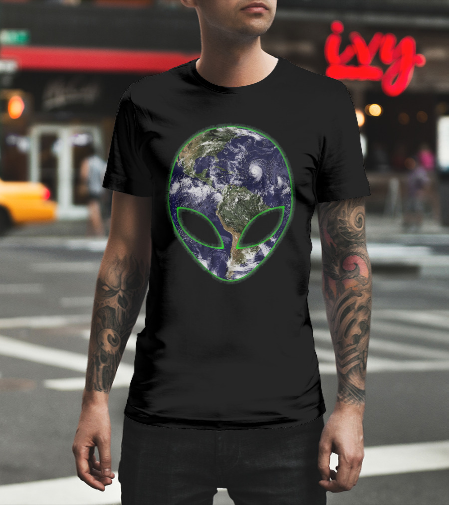 Aliens On Earth Grey Face With Planet T-Shirt