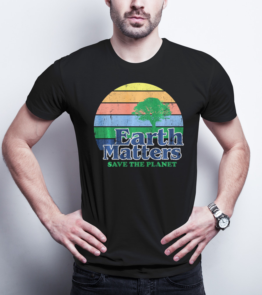 Earth Matters Save The Planet Earth Day Tree Retro Sunburst T-Shirt