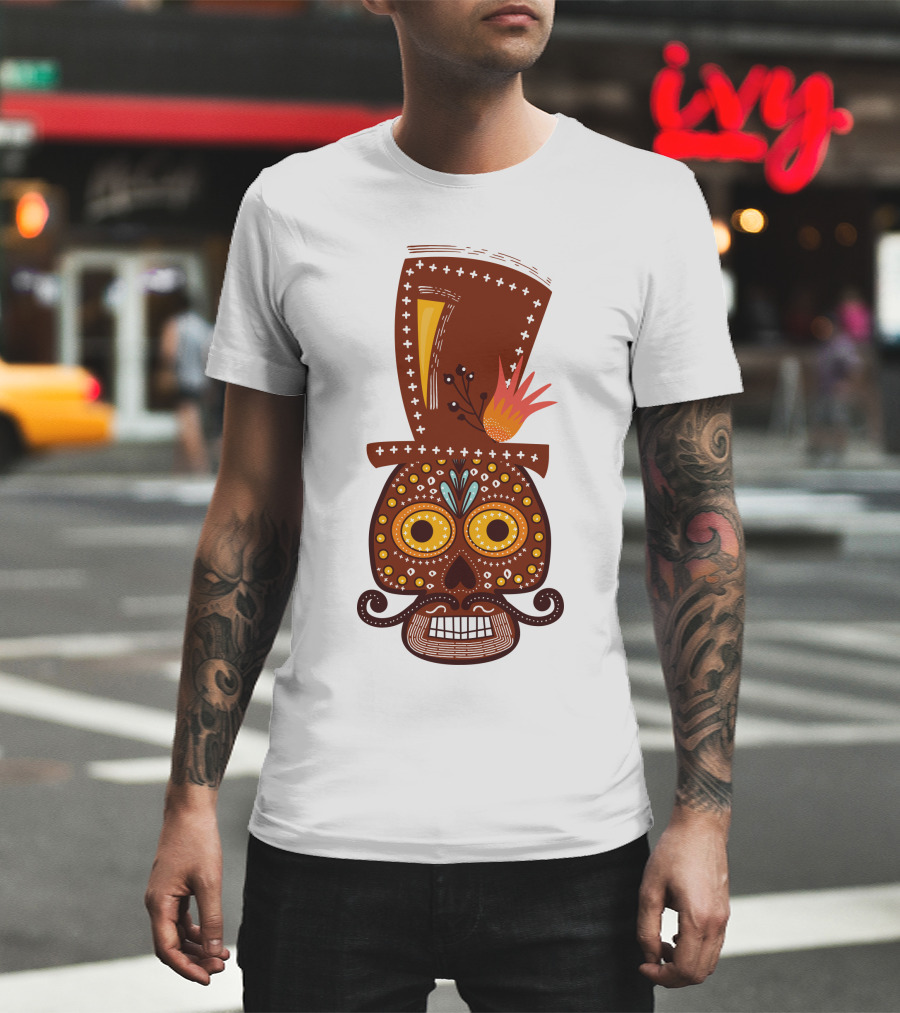 Skull Series 156 Colorful Day Of The Dead Sugar Skull Top Hat Mustache T-Shirt
