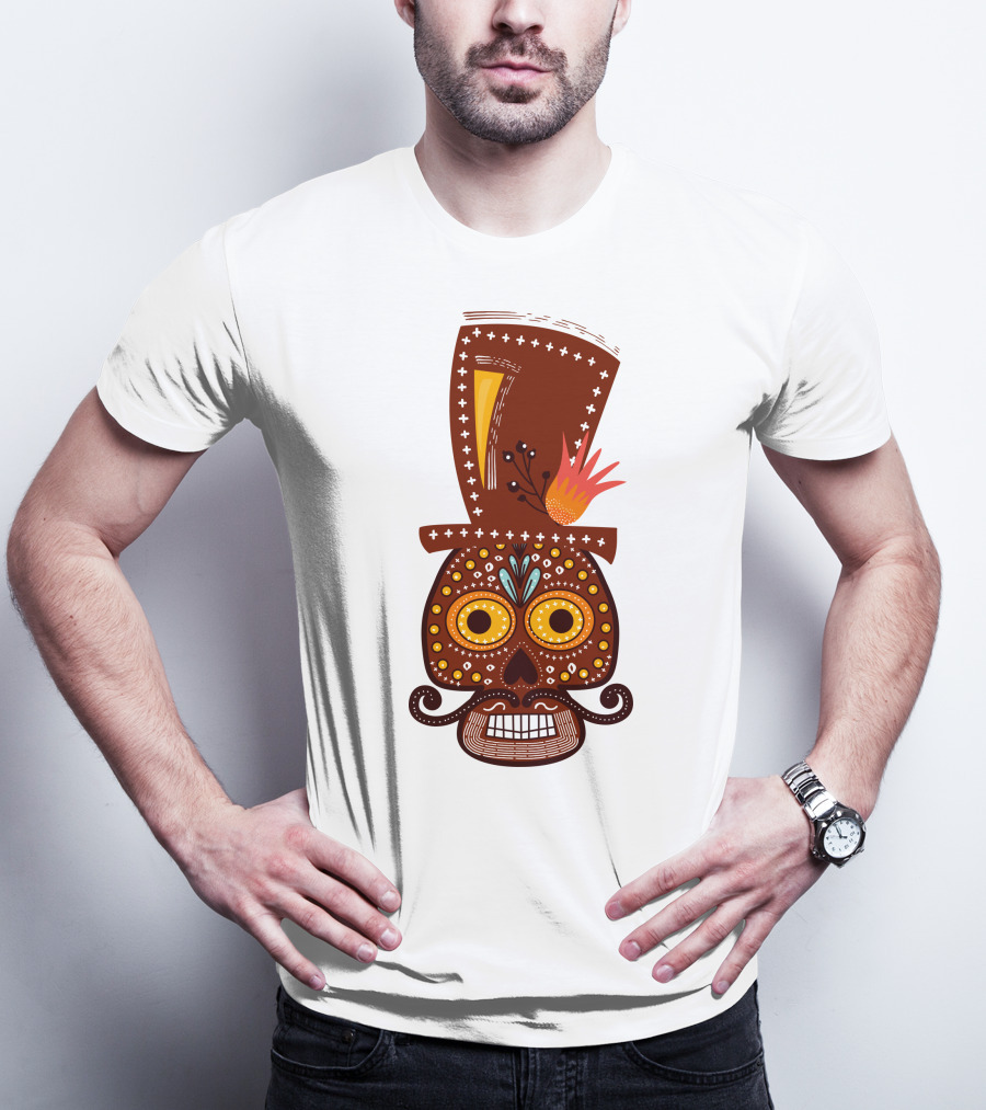 Skull Series 156 Colorful Day Of The Dead Sugar Skull Top Hat Mustache T-Shirt