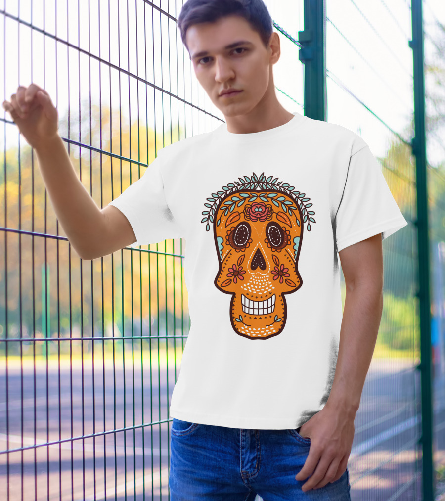 Skull Smile Sugar Skull Floral Día De Los Muertos T-Shirt