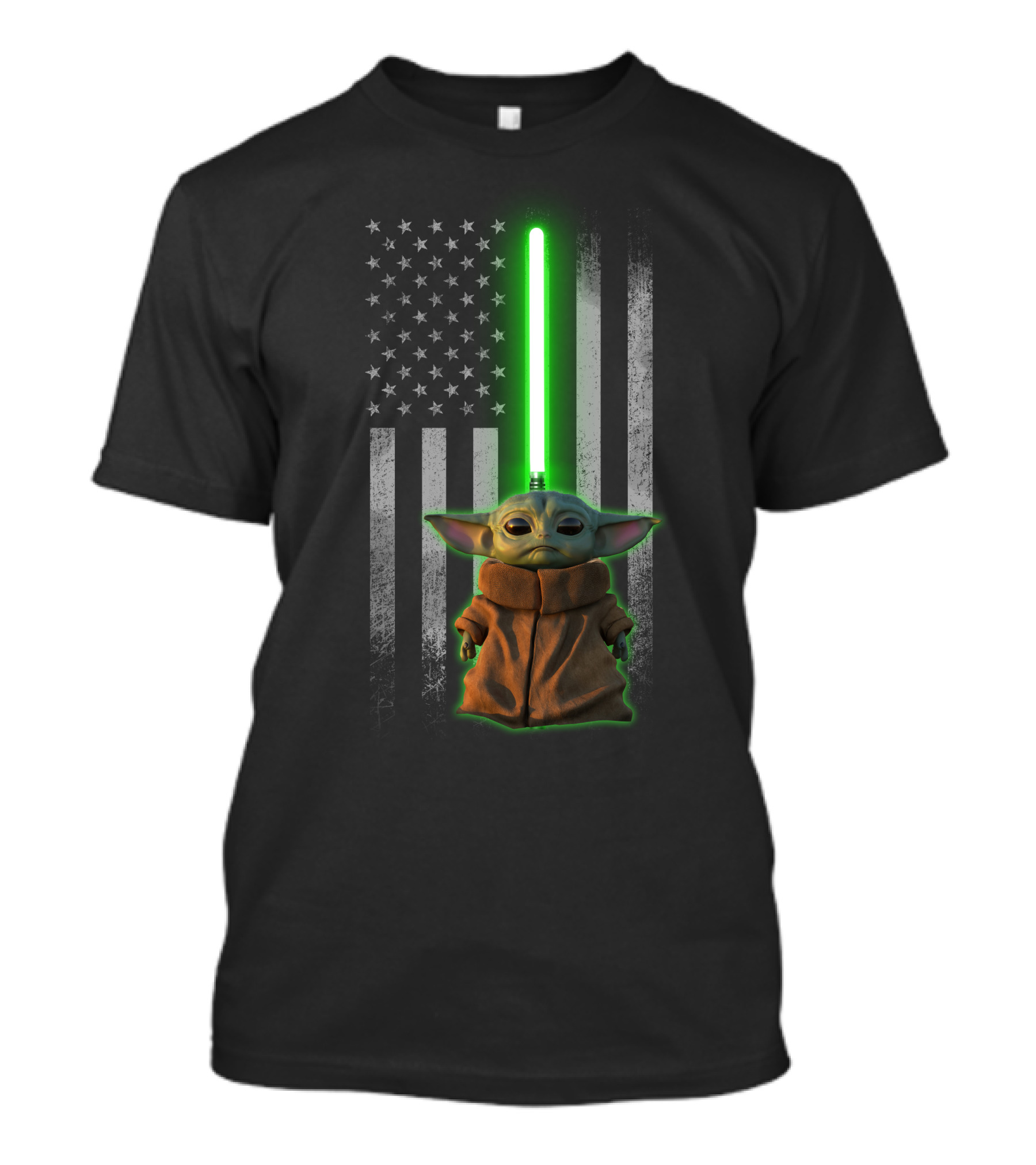 Baby Yoda Lightsaber American Flag Background T-Shirt