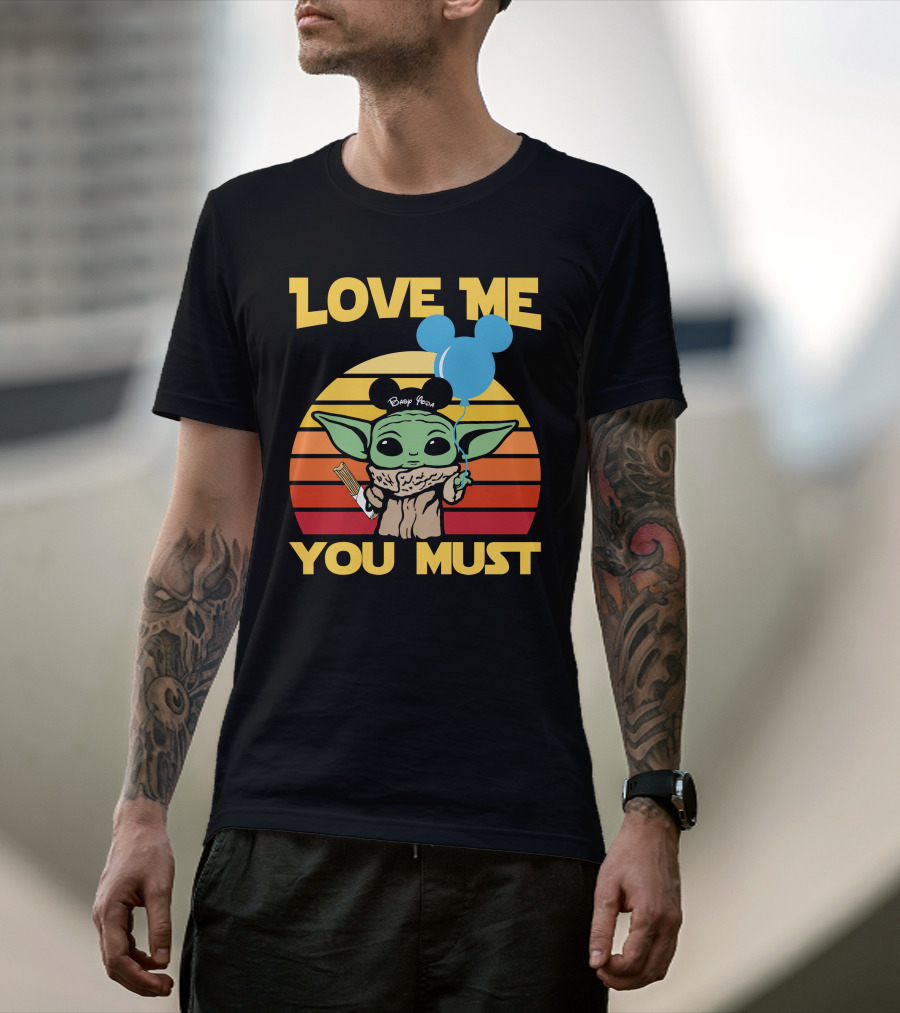 Love ME You Must Baby Yoda Mickey Ears Balloon Vintage Stripes T-Shirt