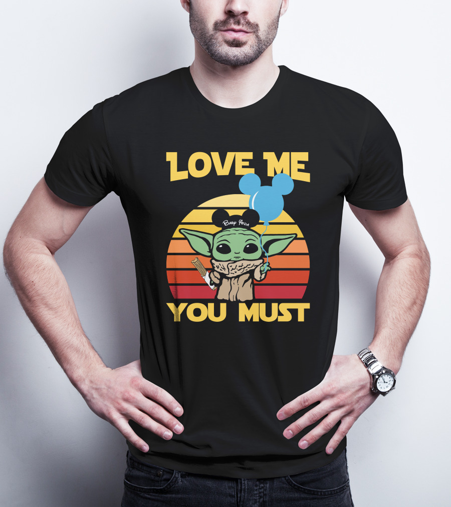 Love ME You Must Baby Yoda Mickey Ears Balloon Vintage Stripes T-Shirt