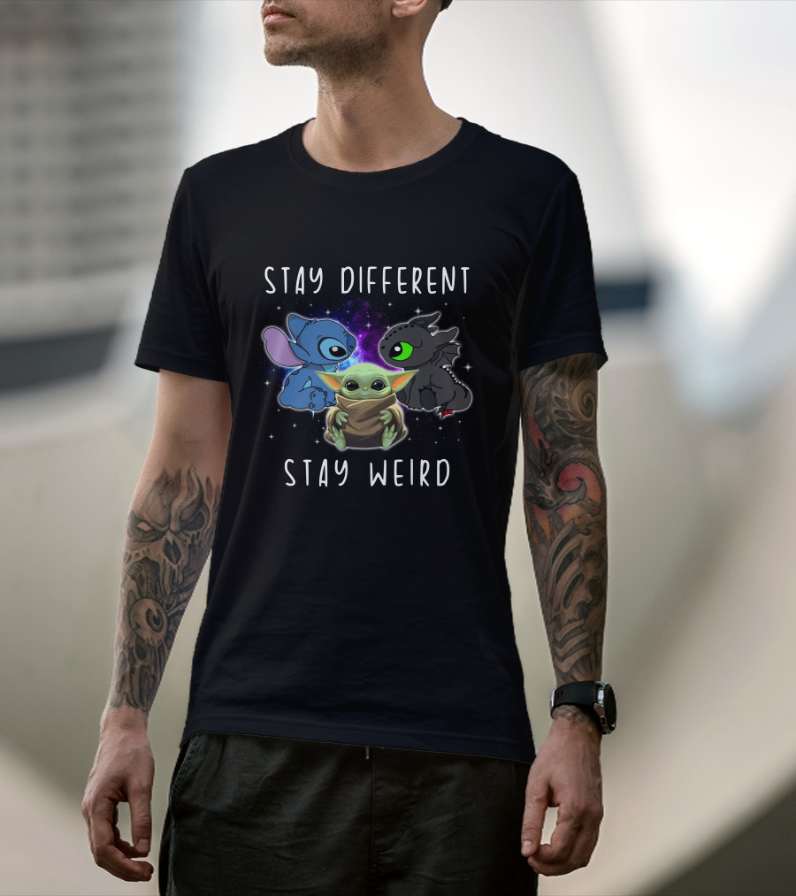 Stay Different Stay Weird Stitch Toothless Baby Yoda T-Shirt