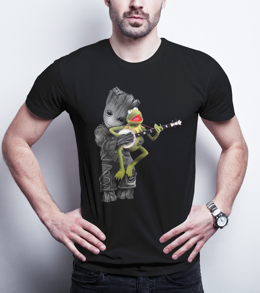 Groot Hugging Kermit Playing Banjo T-Shirt