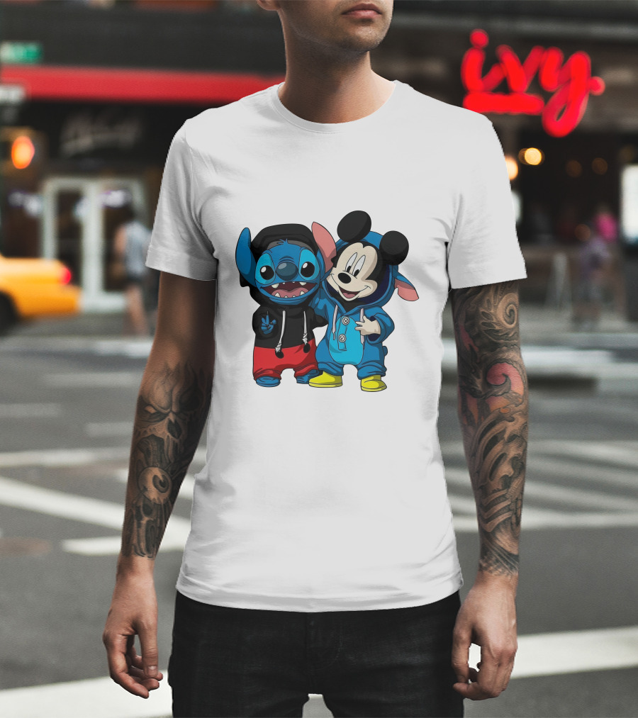 Mickey And Stitch Friendship Hoodie Cartoon Crossover T-Shirt