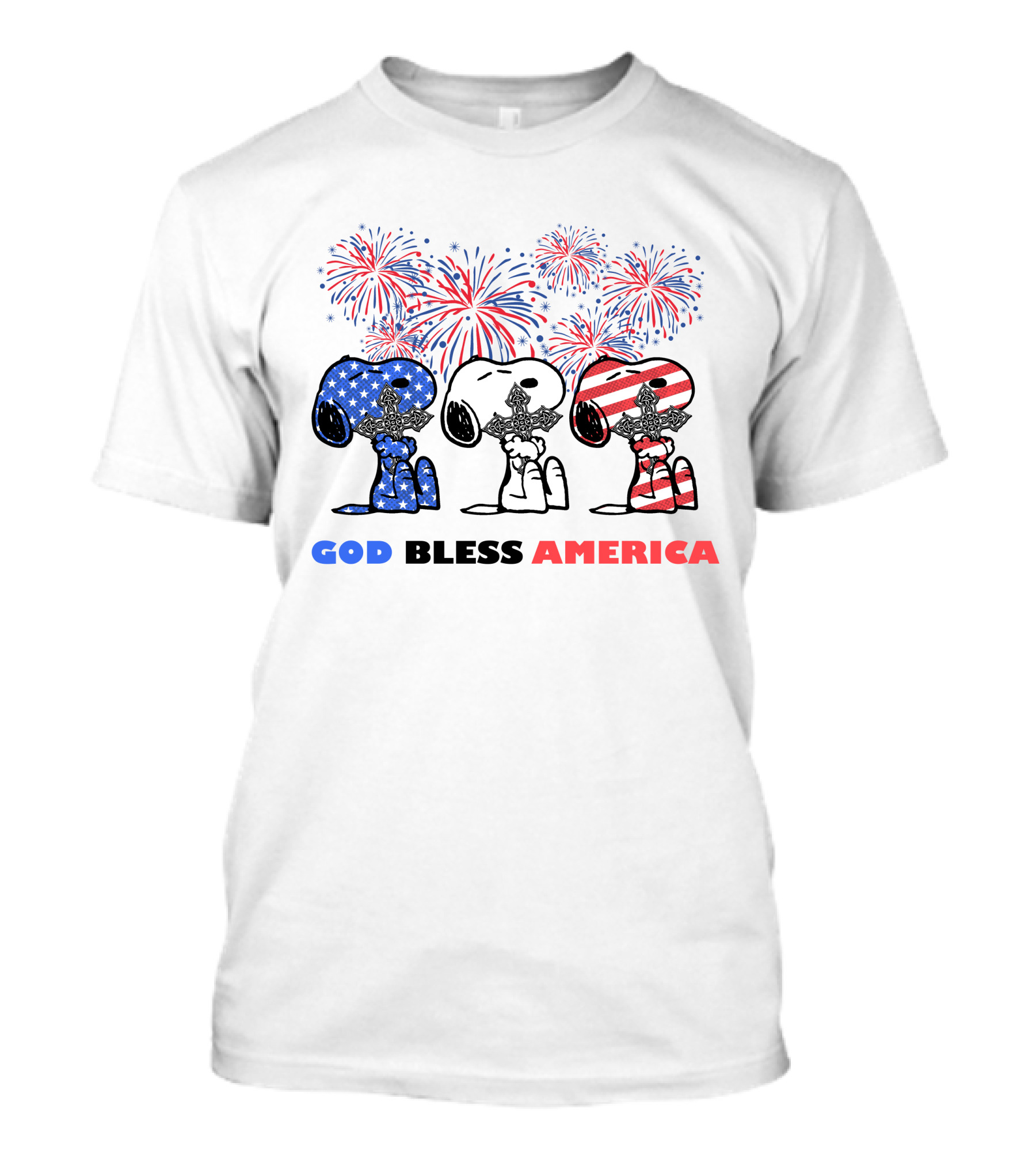 God Bless America Snoopy Cross Fireworks Fourth Of July T-Shirt