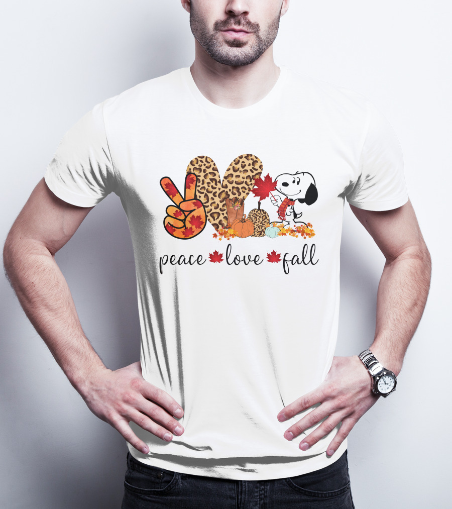 Peace Love Fall Snoopy Leopard Print Pumpkin Leaves T-Shirt