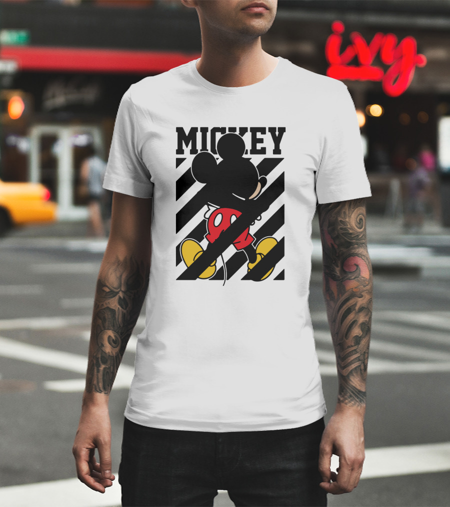 Mickey Mouse Black And White Stripes Red Yellow T-Shirt