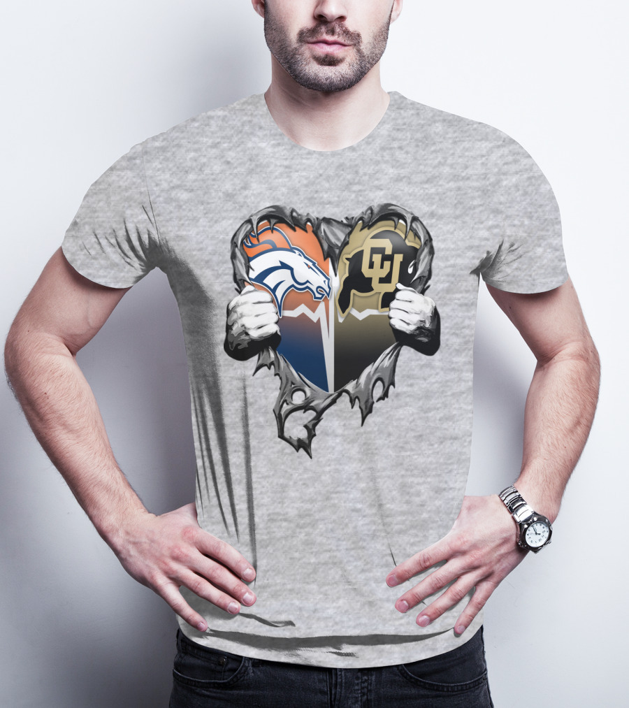 Denver Broncos And Colorado Buffaloes Heart Logo Rip T-Shirt