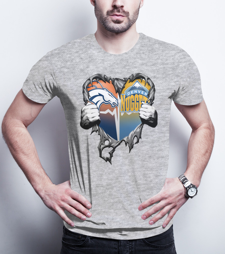 Broncos Nuggets Torn Heart Logo Fusion T-Shirt
