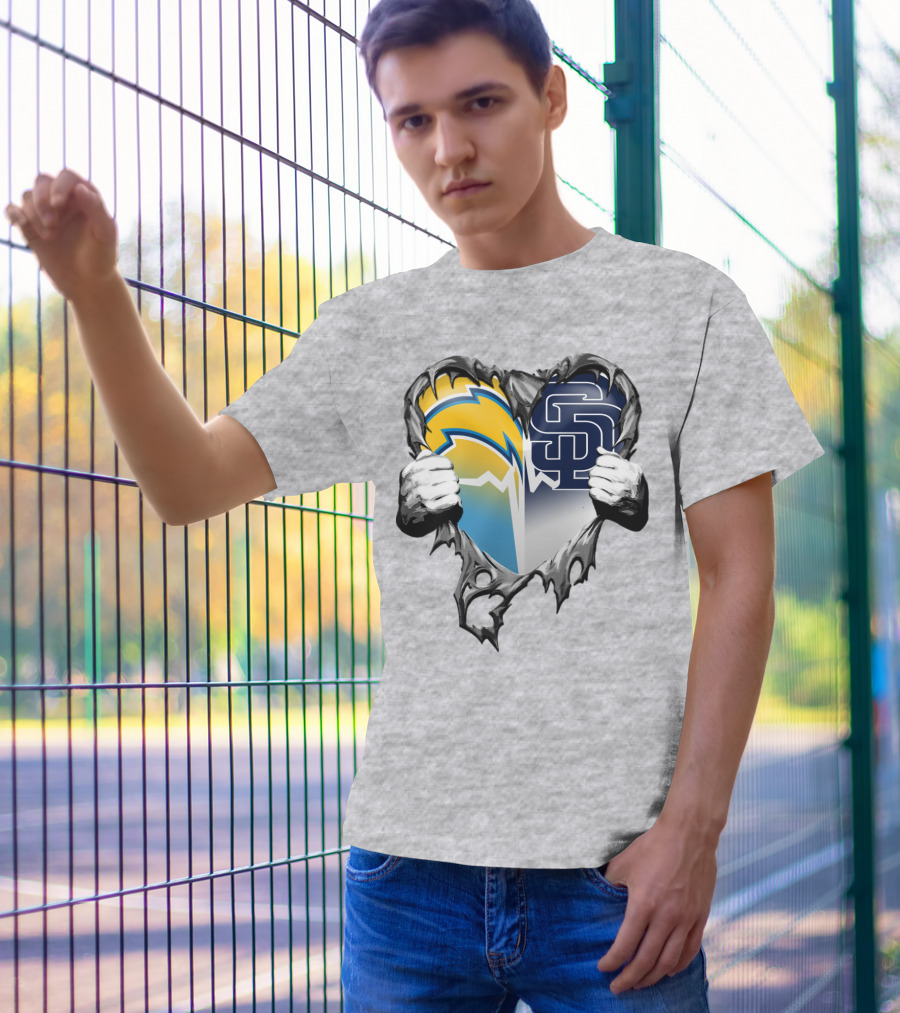 Los Angeles Chargers San Diego Padres Heart Logo Fusion T-Shirt