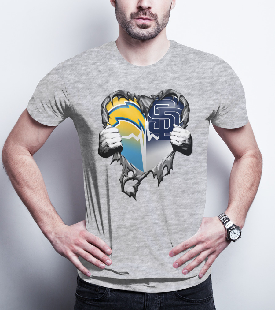 Los Angeles Chargers San Diego Padres Heart Logo Fusion T-Shirt