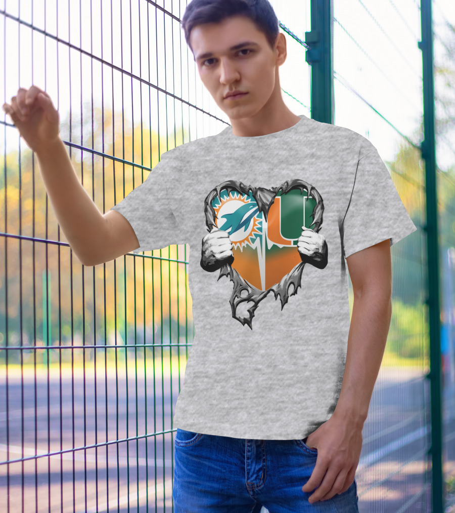 Miami Dolphins And Miami Hurricanes Heart T-Shirt