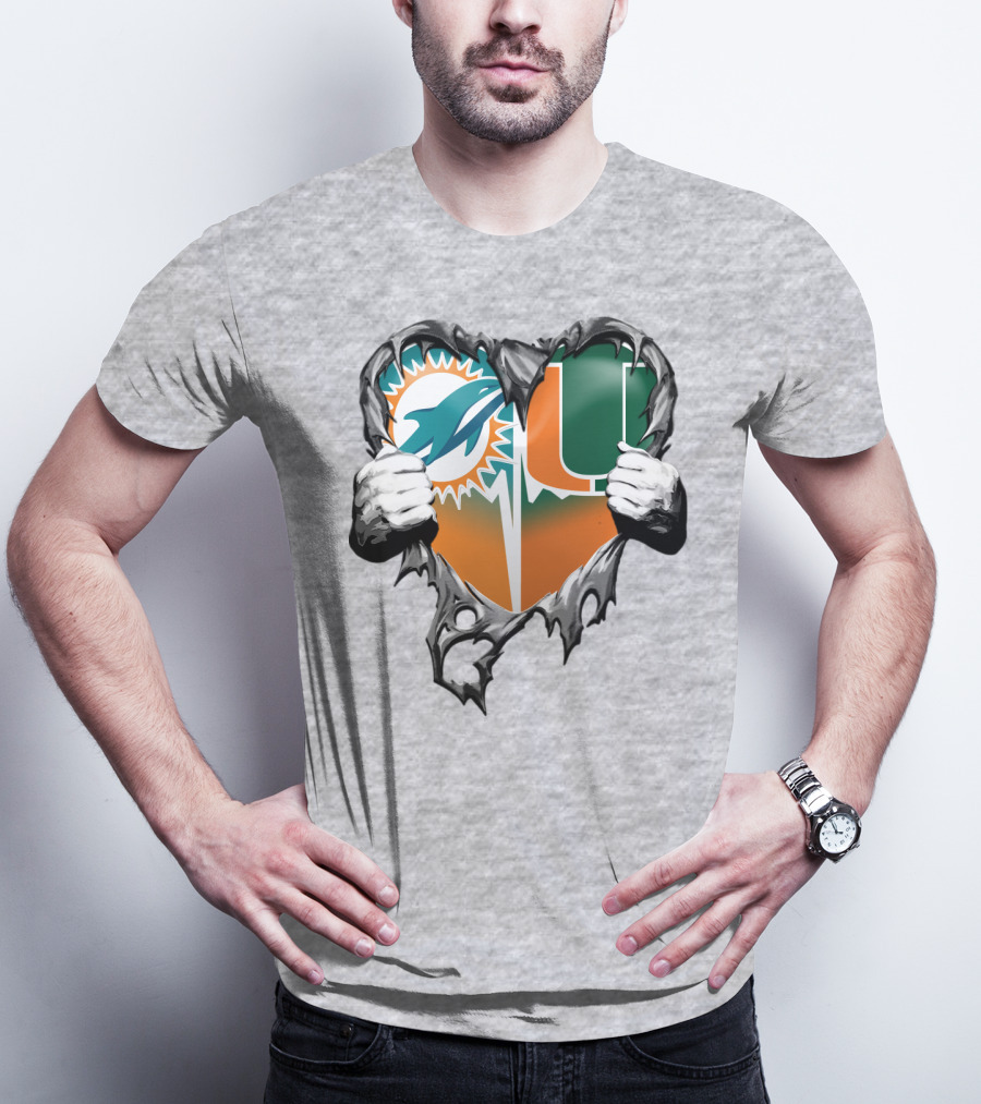 Miami Dolphins And Miami Hurricanes Heart T-Shirt