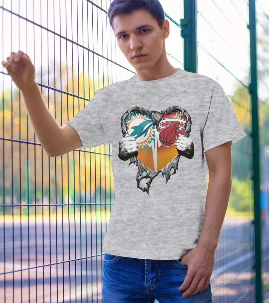 Miami Dolphins Miami Heat Heart Hands T-Shirt