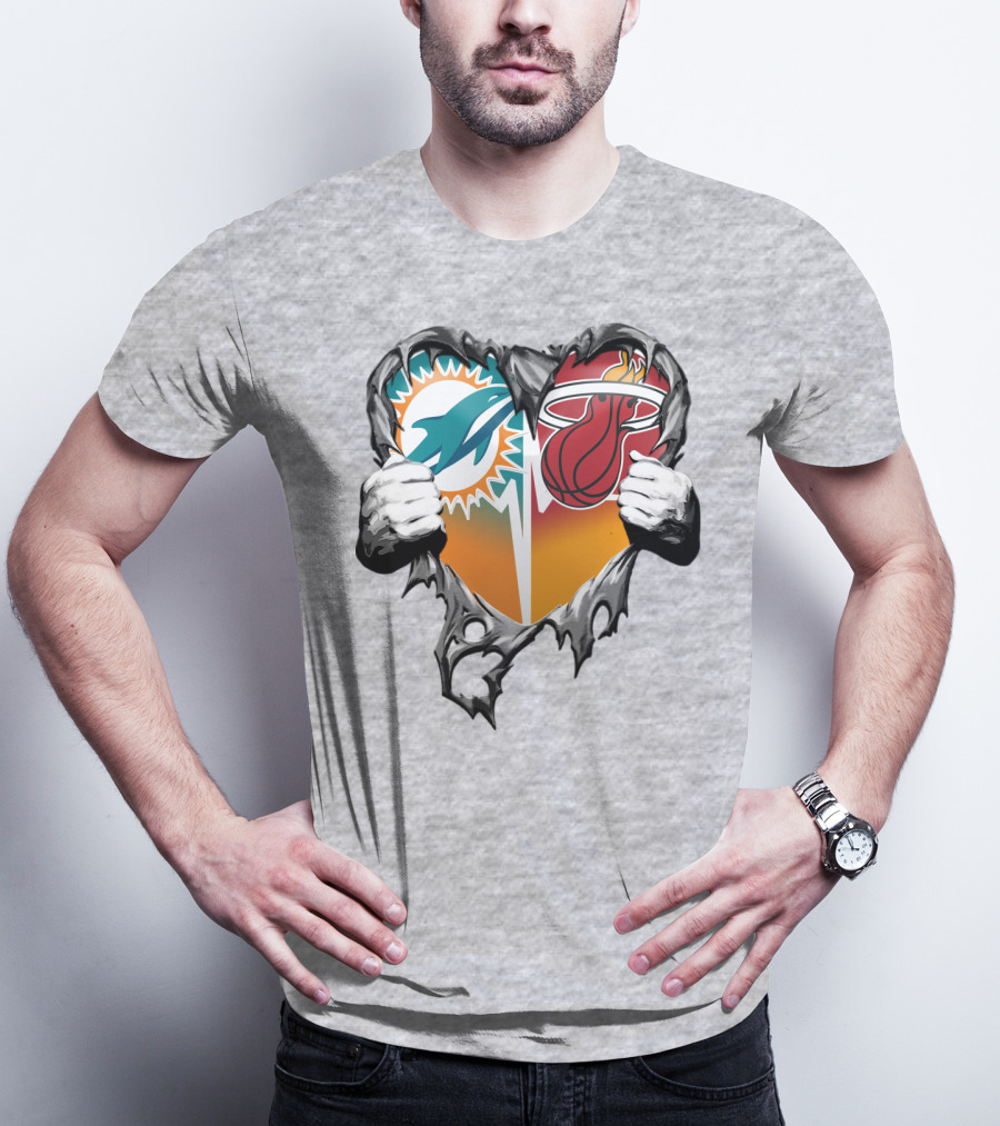 Miami Dolphins Miami Heat Heart Hands T-Shirt