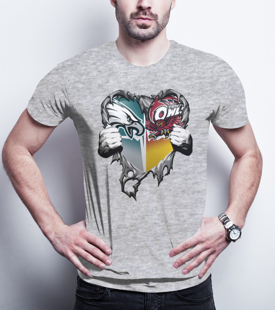 Philadelphia Eagles Temple Owls Heart Logo Rip T-Shirt