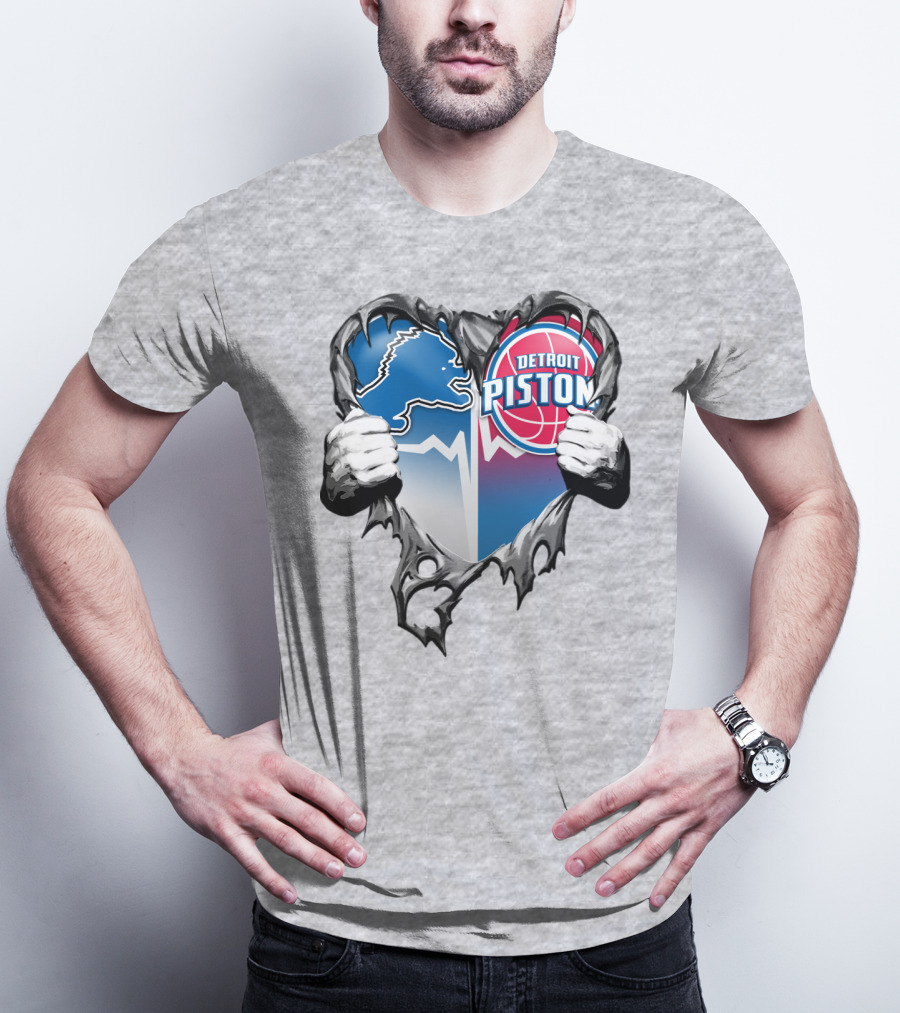 Detroit Lions And Detroit Pistons Heart Logo Fusion T-Shirt