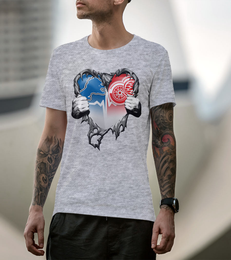 Xatt073 Detroit Lions Red Wings Heart Rip T-Shirt