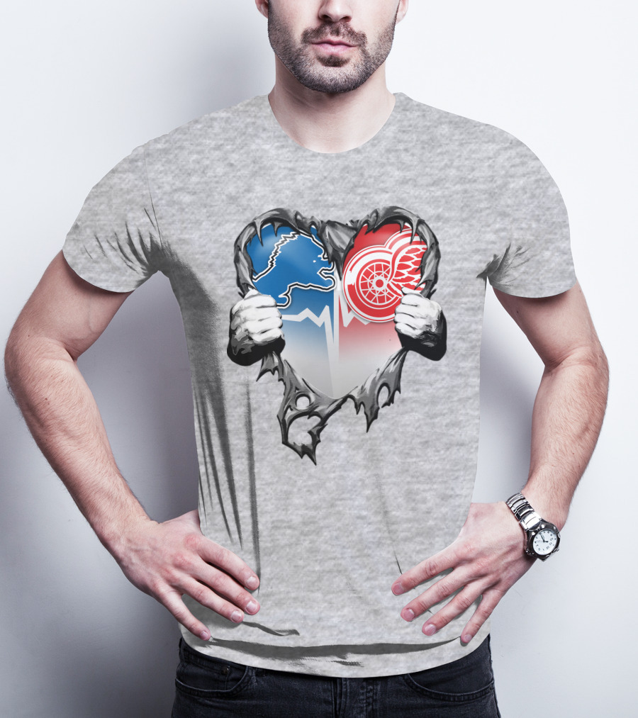 Xatt073 Detroit Lions Red Wings Heart Rip T-Shirt