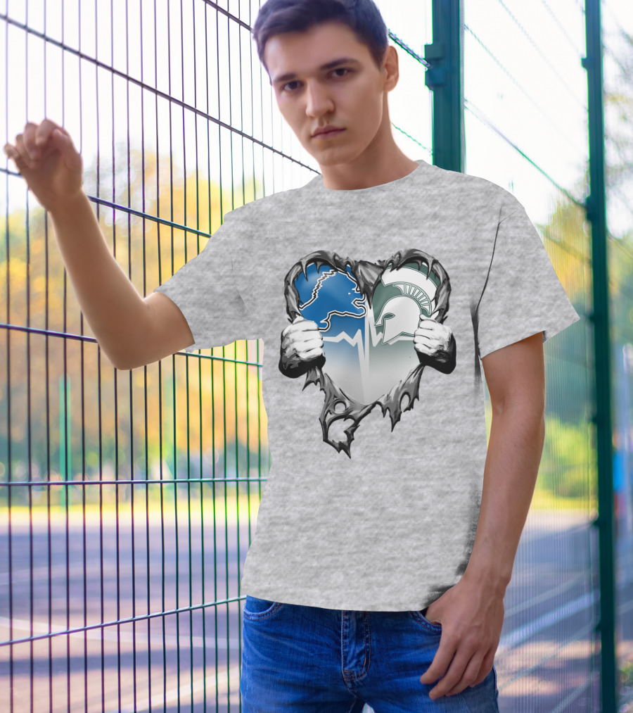 Detroit Lions And Michigan State Spartans Heart Logo Collaboration T-Shirt