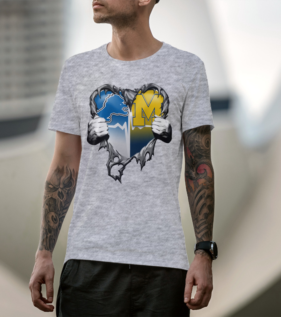 Detroit Lions And Michigan Wolverines Split Heart T-Shirt