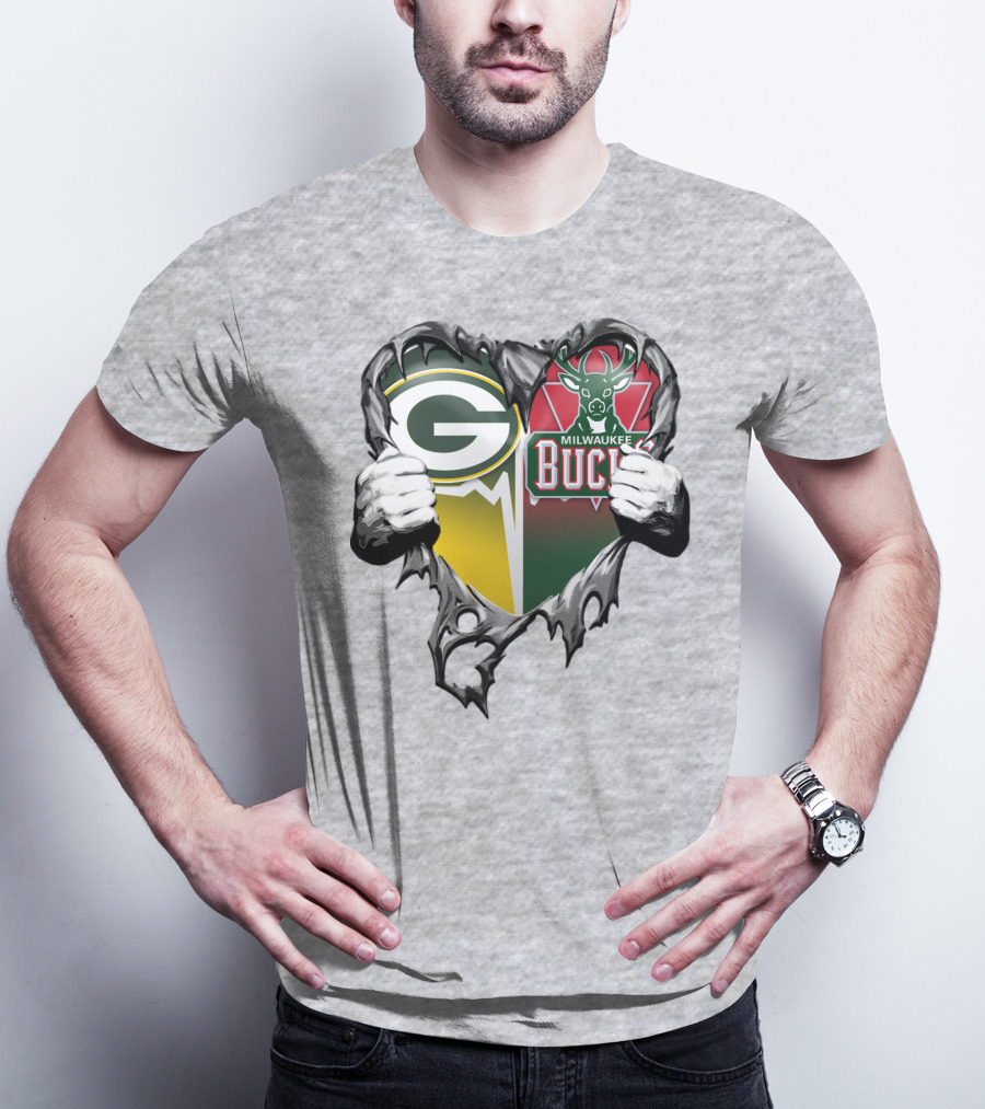 Green Bay Packers Milwaukee Bucks Heart T-Shirt