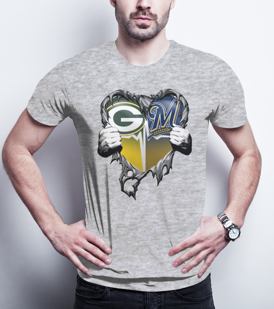 Green Bay Packers Milwaukee Brewers Heart Tear T-Shirt