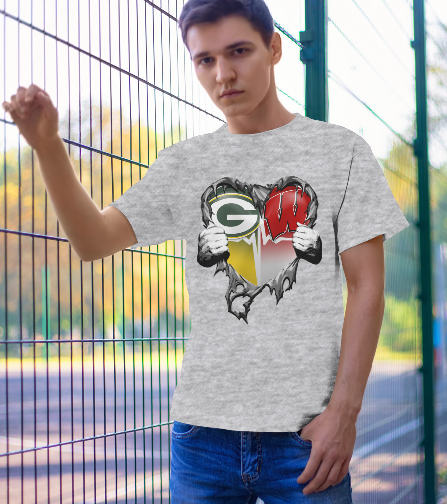 Green Bay Packers And Wisconsin Badgers Rip Heart T-Shirt