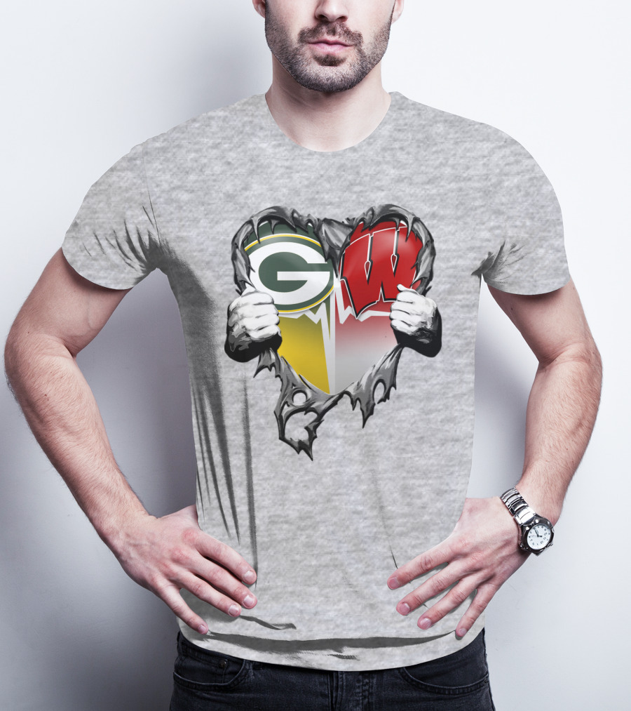 Green Bay Packers And Wisconsin Badgers Rip Heart T-Shirt