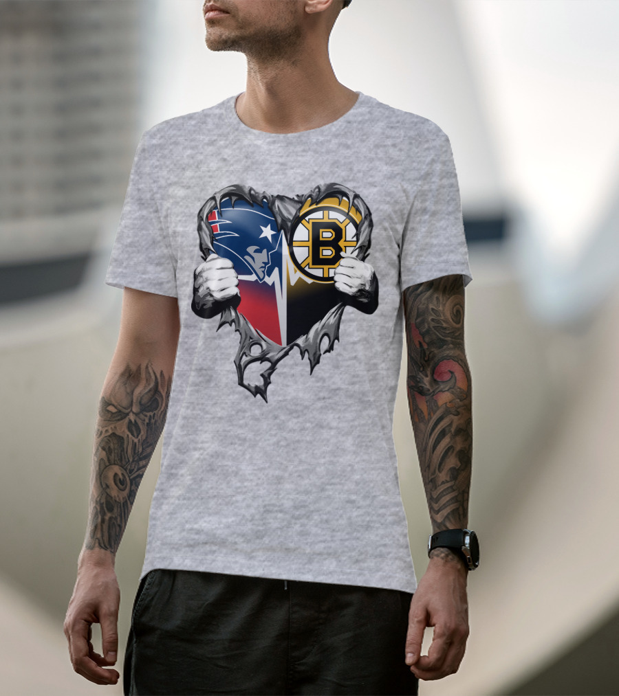 Patriots Bruins Torn Heart Logo Fusion T-Shirt