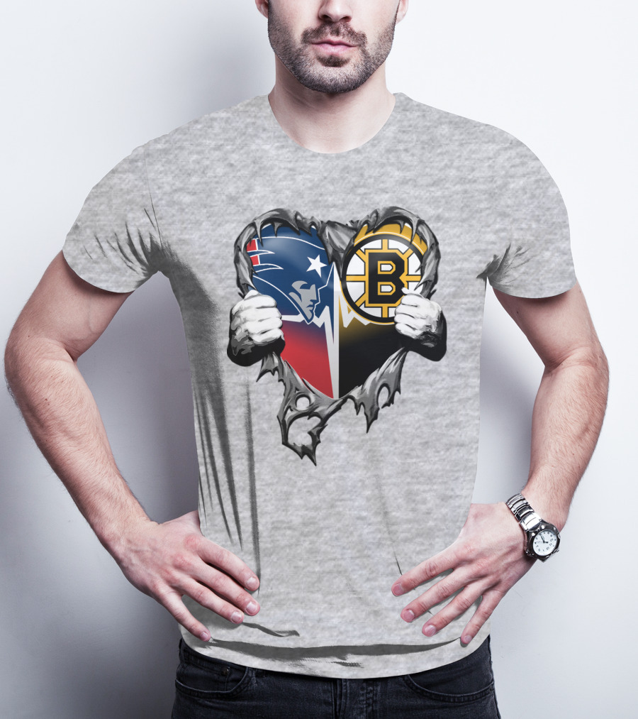Patriots Bruins Torn Heart Logo Fusion T-Shirt