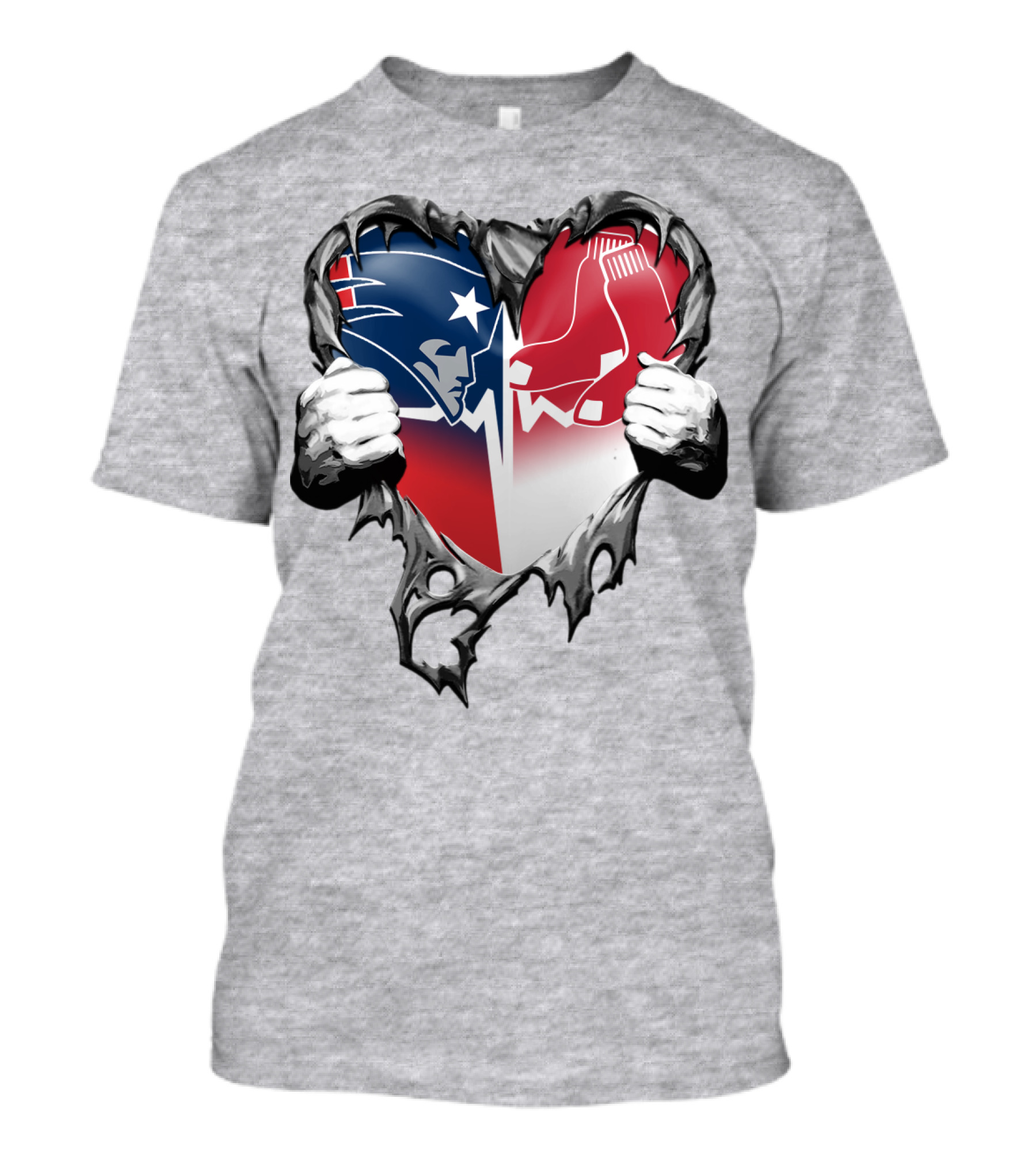 Patriots And Red Sox Heart Design With Torn Metal Effect T-Shirt